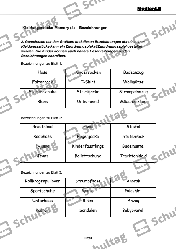 Kleidungsstücke-Memory – Schultag