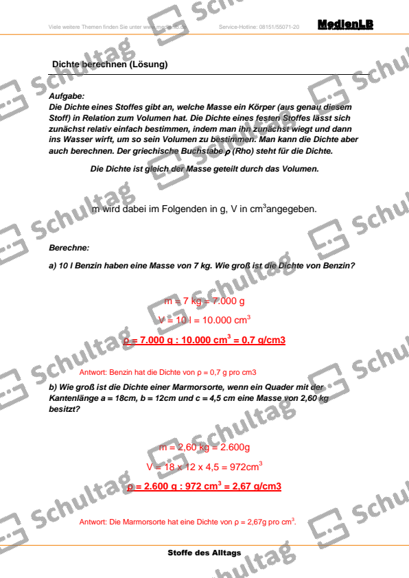 Dichte berechnen – Schultag