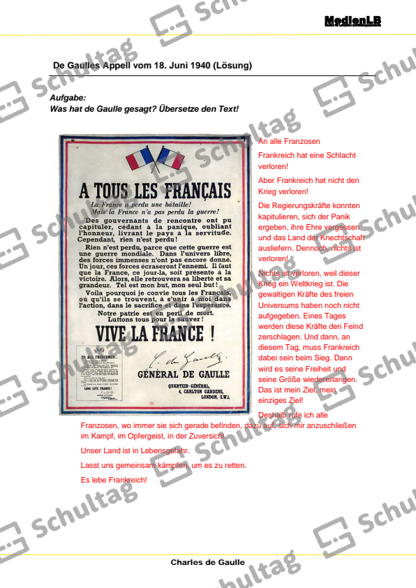 De Gaulles Appell vom 18 Juni 1940 – Schultag
